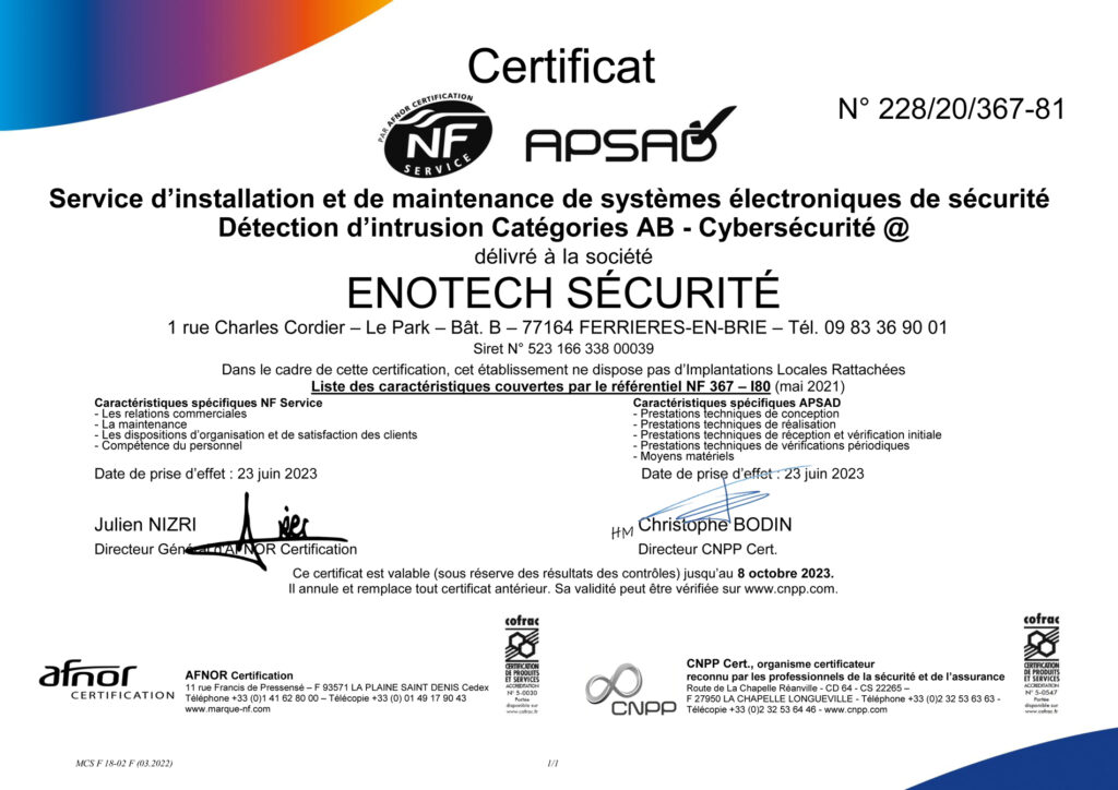 Nos certifications - Enotech Sécurité